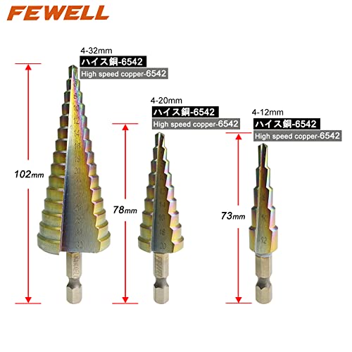 FEWELL M2 Titanium Step Drill Bits 3 Pieces,Straight Flute Step Bit（4mm—12/20/32mm),Hex Shank Unibit for Metal, Wood, Stainless Steel, Plastic（29 Size）