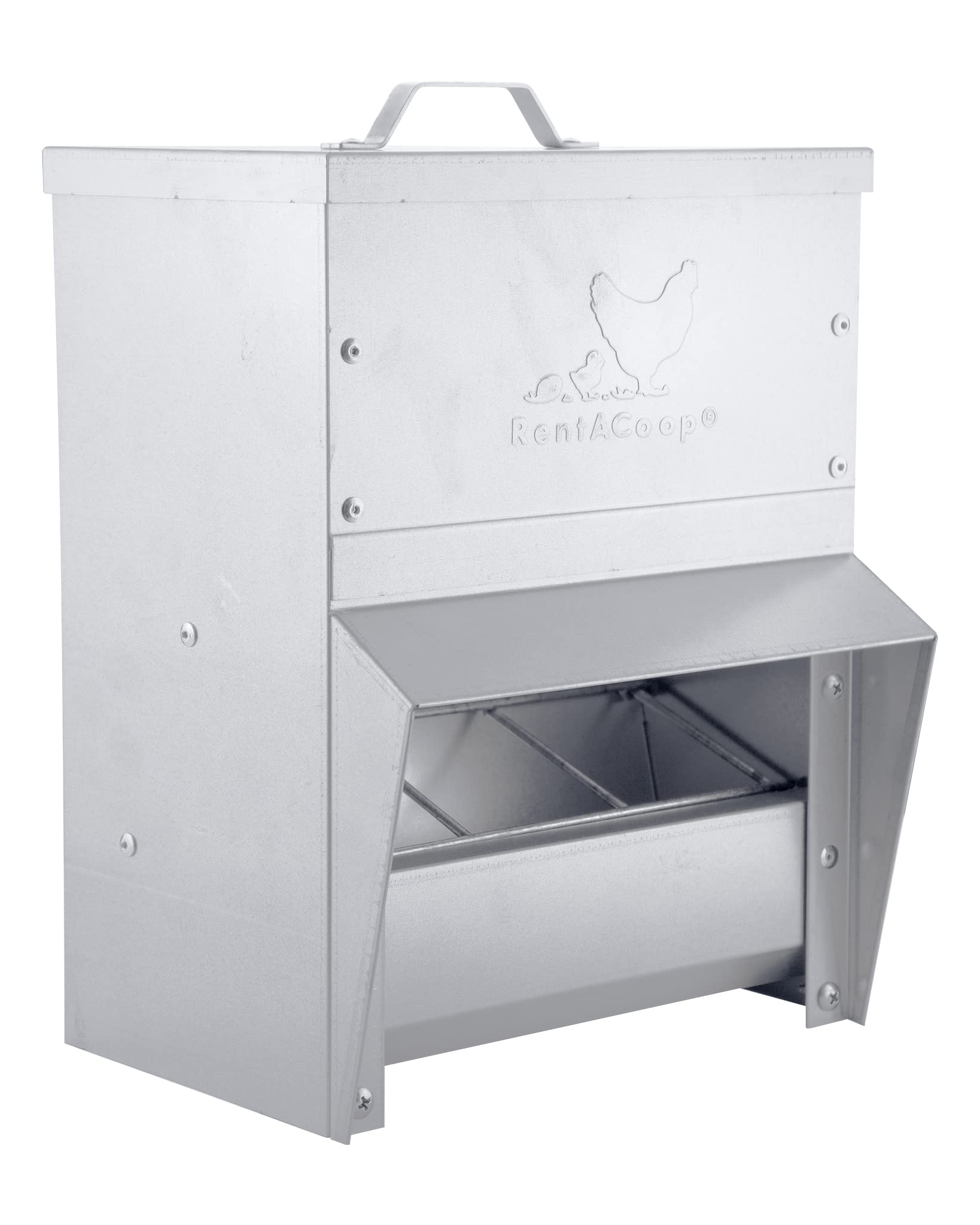 RENTACOOP Galvanized Chicken Trough Feeder, Weatherproof Poultry Food Dispenser with Lid,10LB Capacity