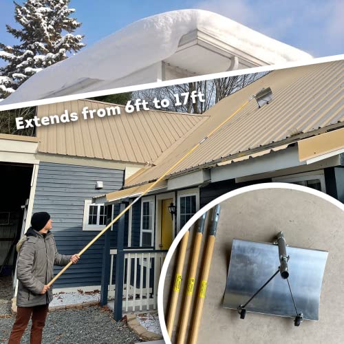 The Rolls Roof Rake Snow Removal 17'FT Wooden Non-Slip Adjustable Handles Proudly Made in USA, A-1b