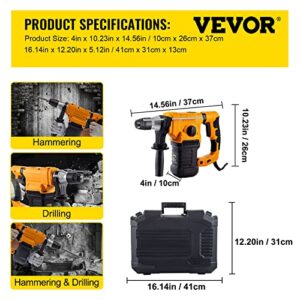 VEVOR Rotary Hammer, 1.26" SDS - Plus Hammer Drill w/ 4 Functions & 360 Degree Rotating Handle, 13A 1500W w/ 6 Step Variable Speed Adjustment 0-850RPM Hammering Machine Includes Chisels, Bits & Case