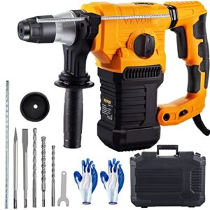 vevor rotary hammer, 1.26" sds - plus hammer drill w/ 4 functions & 360 degree rotating handle, 13a 1500w w/ 6 step variable speed adjustment 0-850rpm hammering machine includes chisels, bits & case