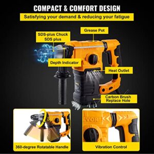 VEVOR Rotary Hammer, 1.26" SDS - Plus Hammer Drill w/ 4 Functions & 360 Degree Rotating Handle, 13A 1500W w/ 6 Step Variable Speed Adjustment 0-850RPM Hammering Machine Includes Chisels, Bits & Case