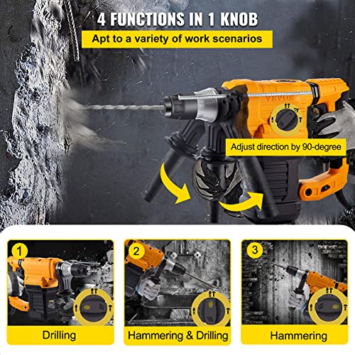 VEVOR Rotary Hammer, 1.26" SDS - Plus Hammer Drill w/ 4 Functions & 360 Degree Rotating Handle, 13A 1500W w/ 6 Step Variable Speed Adjustment 0-850RPM Hammering Machine Includes Chisels, Bits & Case