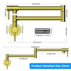 YASFEL Pot Filler Faucet Brushed Gold, Sturdy Durable Pot Filler Wall Mount, Stainless Steel Commercial Pot Filler, Easy to Install Folding Kitchen Sink Faucets (Brushed Gold)