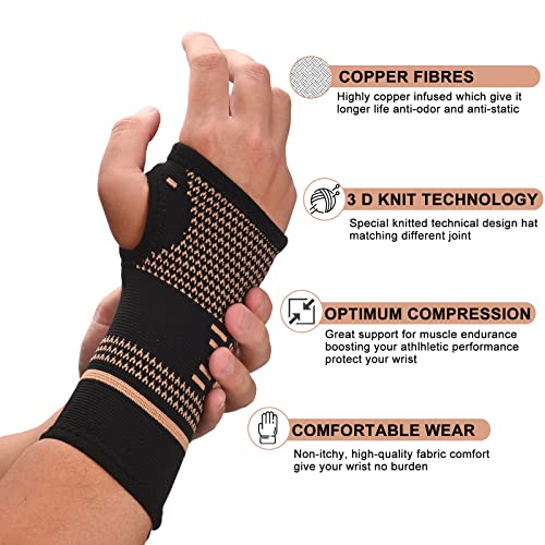 Copper Wrist Compression Sleeves, Comfortable and Breathable for Arthritis, Tendonitis, Sprains, Workout, Carpal Tunnel, Wrist Support for Women and Men (Pair)