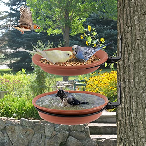 2 Bird Trays Tree Mounted for Bird Feeder Bird Bath Bowl, Installed on Wooden Fence Wall Tree Deck Stakes with Heavy Duty Iron Ring, 8.3'' in Dia of Different Depths