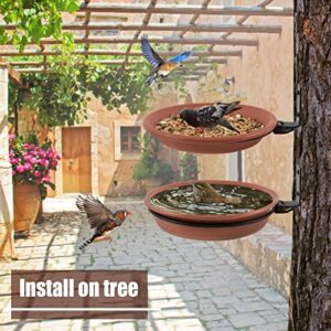 2 Bird Trays Tree Mounted for Bird Feeder Bird Bath Bowl, Installed on Wooden Fence Wall Tree Deck Stakes with Heavy Duty Iron Ring, 8.3'' in Dia of Different Depths