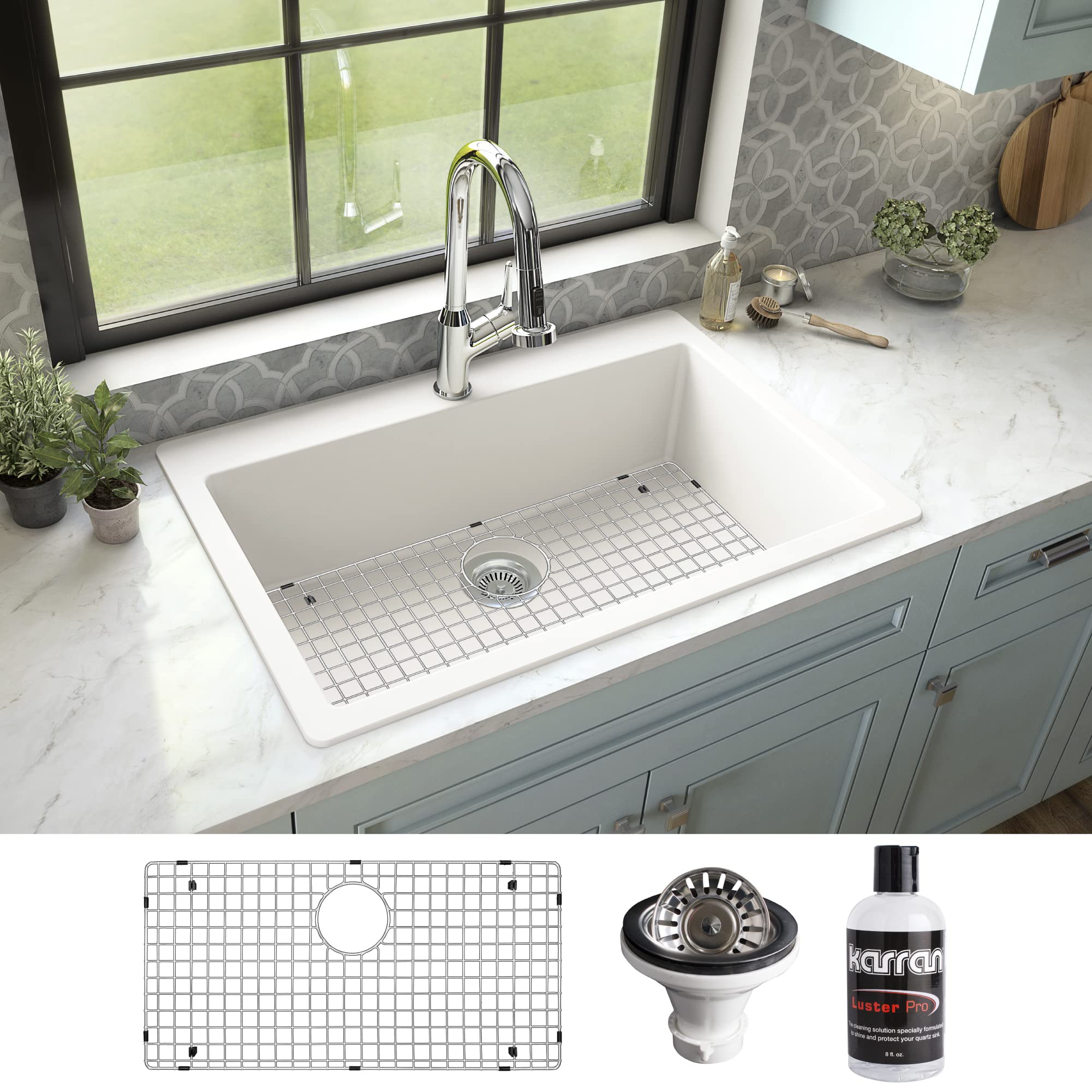 Karran QT-812 Top Mount 33 in. Large Single Bowl Quartz Kitchen Sink Kit in White