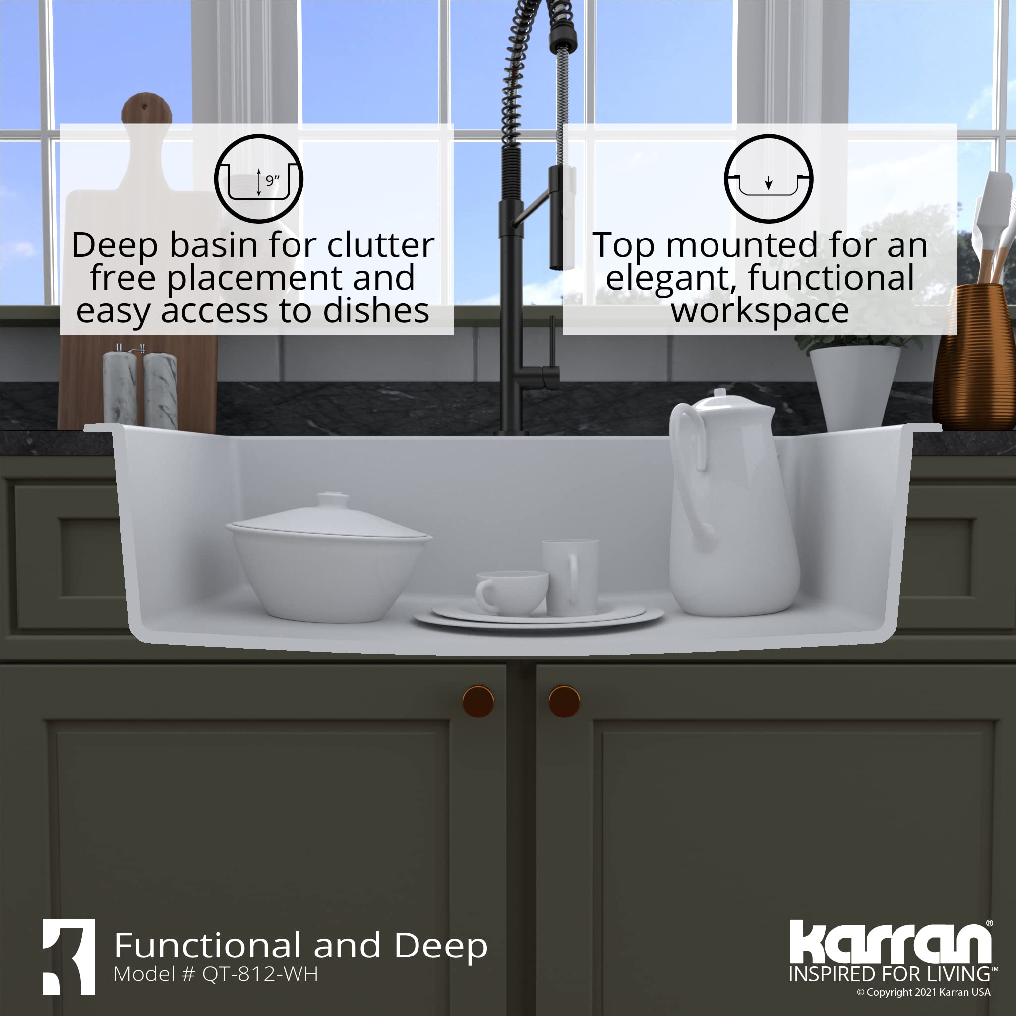 Karran QT-812 Top Mount 33 in. Large Single Bowl Quartz Kitchen Sink Kit in White