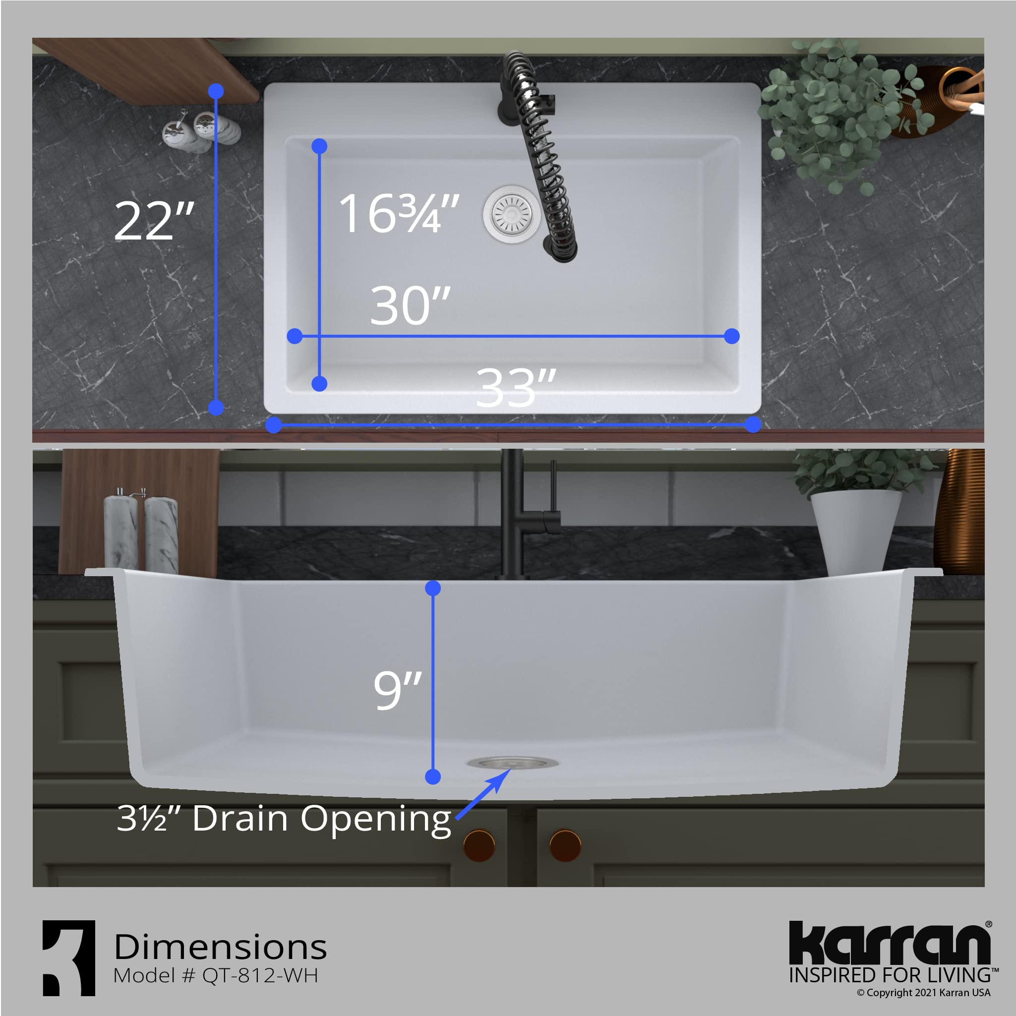 Karran QT-812 Top Mount 33 in. Large Single Bowl Quartz Kitchen Sink Kit in White