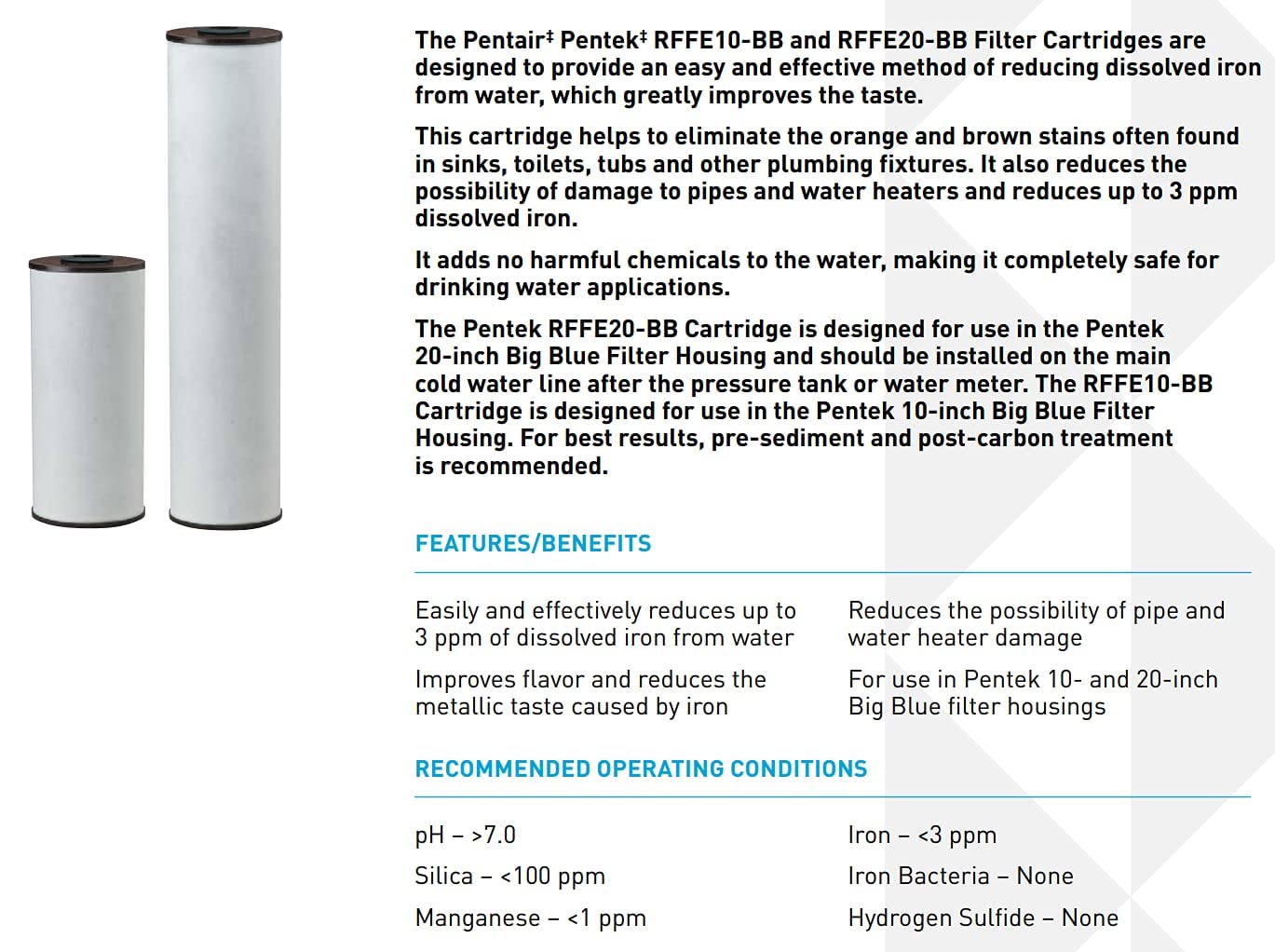 Pentair Pentek RFFE20-BB Big Blue Water Filter, 20-Inch, Whole House Radial Flow Iron Reduction Replacement Cartridge, 20" x 4.5", Pack of 4