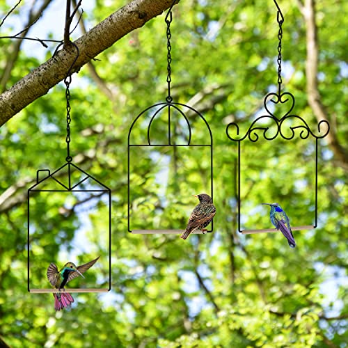 XYADX Metal Frame Hummingbird Swings and Perches with Wooden Dowel Black Bird Swing Outdoor Bird Perch Humming Bird Swing Pack of 3