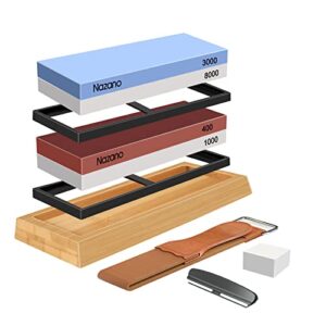 nazano knife sharpening stone set - 8 pieces professional whetstone knife sharpener stone set 4 side grit 400/1000 3000/8000, knife sharpening kit with bamboo base, flattening stone, leather strop