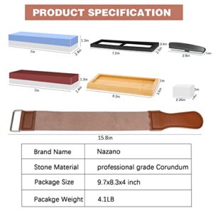 Nazano Knife Sharpening Stone Set - 8 Pieces Professional Whetstone Knife Sharpener Stone Set 4 Side Grit 400/1000 3000/8000, Knife Sharpening Kit with Bamboo Base, Flattening Stone, Leather Strop