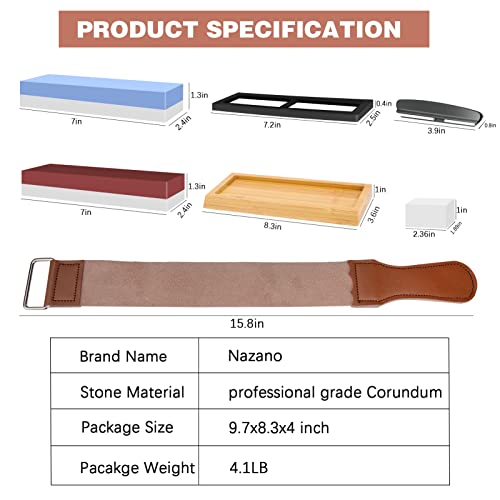 Nazano Knife Sharpening Stone Set - 8 Pieces Professional Whetstone Knife Sharpener Stone Set 4 Side Grit 400/1000 3000/8000, Knife Sharpening Kit with Bamboo Base, Flattening Stone, Leather Strop