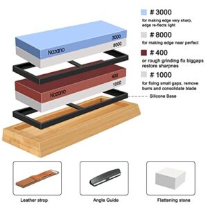 Nazano Knife Sharpening Stone Set - 8 Pieces Professional Whetstone Knife Sharpener Stone Set 4 Side Grit 400/1000 3000/8000, Knife Sharpening Kit with Bamboo Base, Flattening Stone, Leather Strop