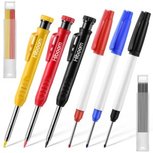 mechanical carpenter pencil set, 3 pcs woodworking pencil with built in sharpener and 12 pcs refills, 3 pcs long nose deep hole marker pen, scriber marking tools for architect (red, black, yellow)