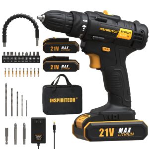 inspiritech 21v cordless drill with 2 batteries and charger,3/8-inch keyless chuck power drill set,2 variable speed electric drill driver, 19 torque setting with drill/driver bits