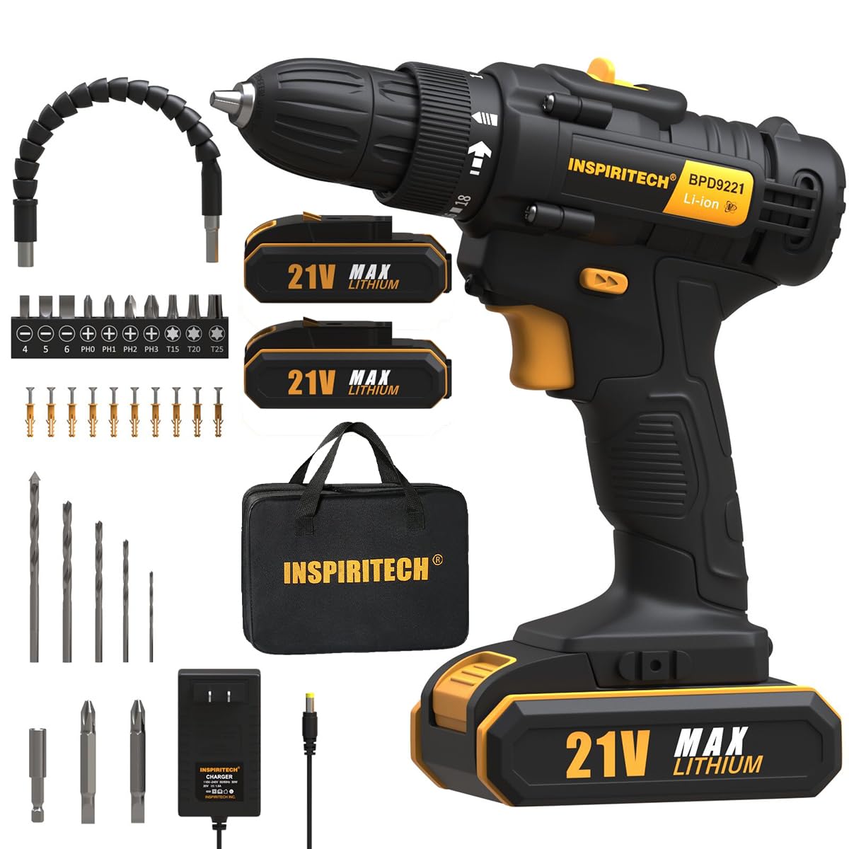 INSPIRITECH 21V Cordless Drill with 2 Batteries and Charger,3/8-Inch Keyless Chuck Power Drill Set,2 Variable Speed Electric Drill Driver, 19 Torque Setting with Drill/Driver Bits