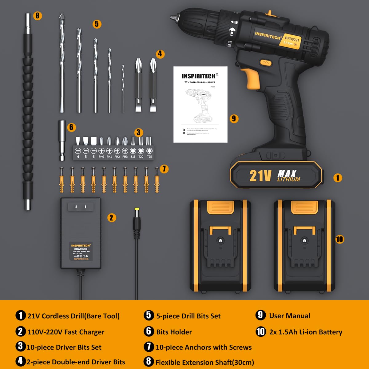 INSPIRITECH 21V Cordless Drill with 2 Batteries and Charger,3/8-Inch Keyless Chuck Power Drill Set,2 Variable Speed Electric Drill Driver, 19 Torque Setting with Drill/Driver Bits