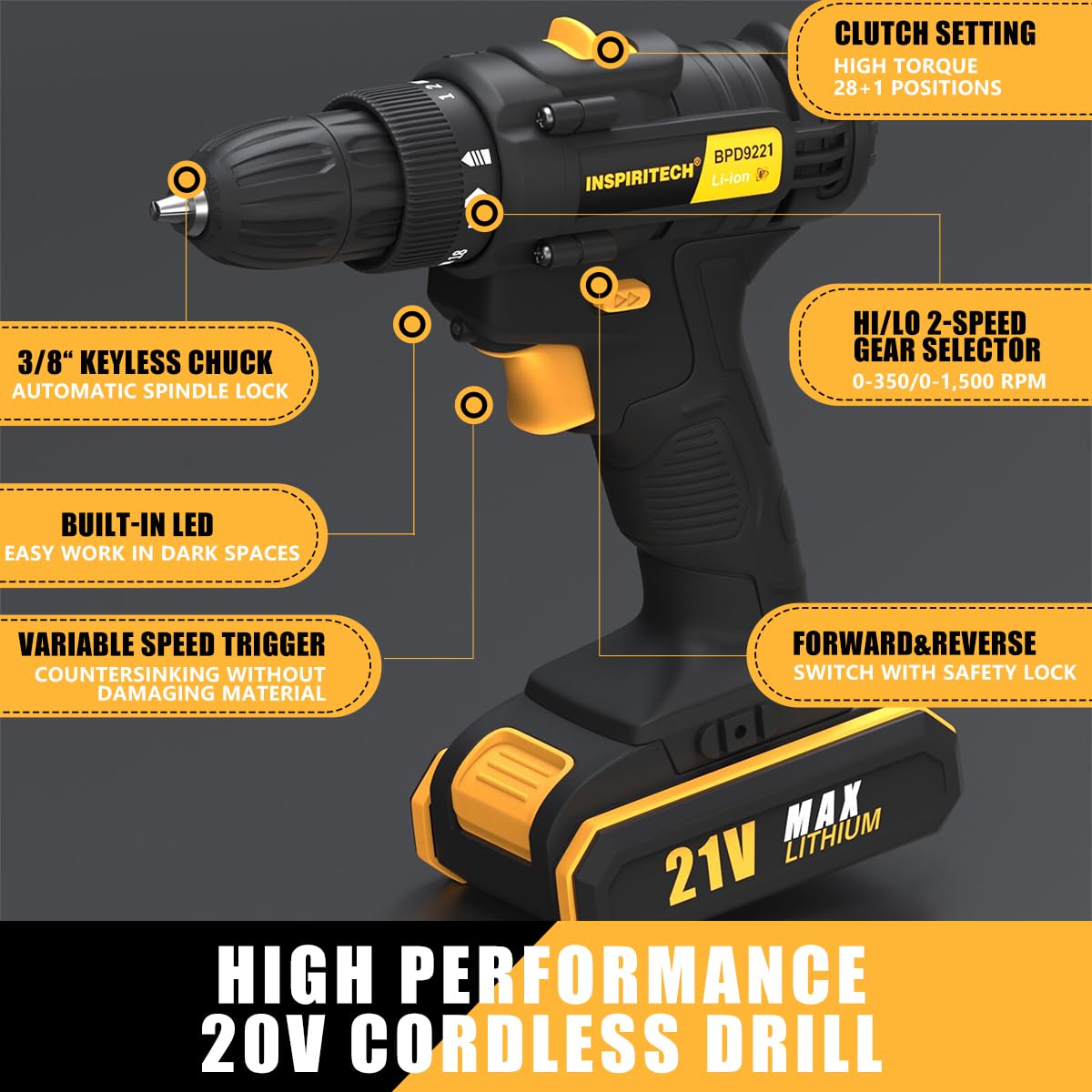 INSPIRITECH 21V Cordless Drill with 2 Batteries and Charger,3/8-Inch Keyless Chuck Power Drill Set,2 Variable Speed Electric Drill Driver, 19 Torque Setting with Drill/Driver Bits