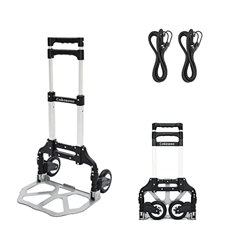 Folding Hand Truck and Personal Dolly, 165lbs Capacity Aluminium Portable Folding Hand Cart with Rubber Wheels and 2 Bungee Cord, Ideal for Home, Auto, Moving, Office, Travel