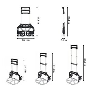 Folding Hand Truck and Personal Dolly, 165lbs Capacity Aluminium Portable Folding Hand Cart with Rubber Wheels and 2 Bungee Cord, Ideal for Home, Auto, Moving, Office, Travel