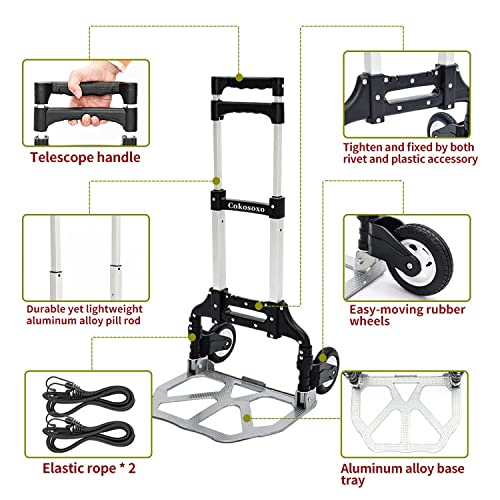 Folding Hand Truck and Personal Dolly, 165lbs Capacity Aluminium Portable Folding Hand Cart with Rubber Wheels and 2 Bungee Cord, Ideal for Home, Auto, Moving, Office, Travel