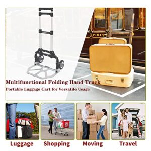 Folding Hand Truck and Personal Dolly, 165lbs Capacity Aluminium Portable Folding Hand Cart with Rubber Wheels and 2 Bungee Cord, Ideal for Home, Auto, Moving, Office, Travel