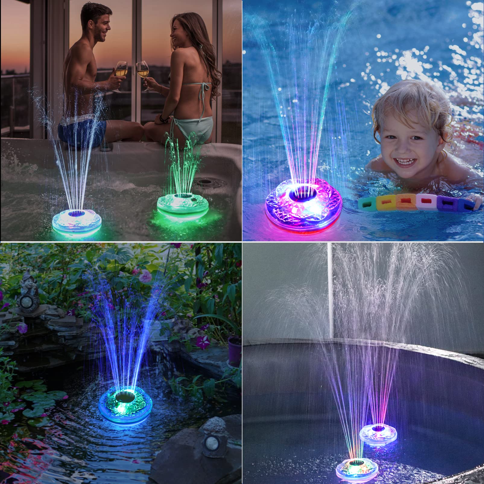 Floating Pool Fountain with Light Show,Rechargeable Battery Pond Water Fountain,IP68 Waterproof Pool Waterfall Fountain,2 Modes Pool Sprinkler Fountain for Inground Above Ground Pool, Gardens-1pc