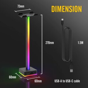 EZDIY-FAB USB LED Light Bar Headphones Stand, Desktop Atmosphere RGB Backlight,50 Built-in Color Modes, Headphone Holder for Gamers Gaming PC PS5 Accessories Desk- Black- 1 Pack