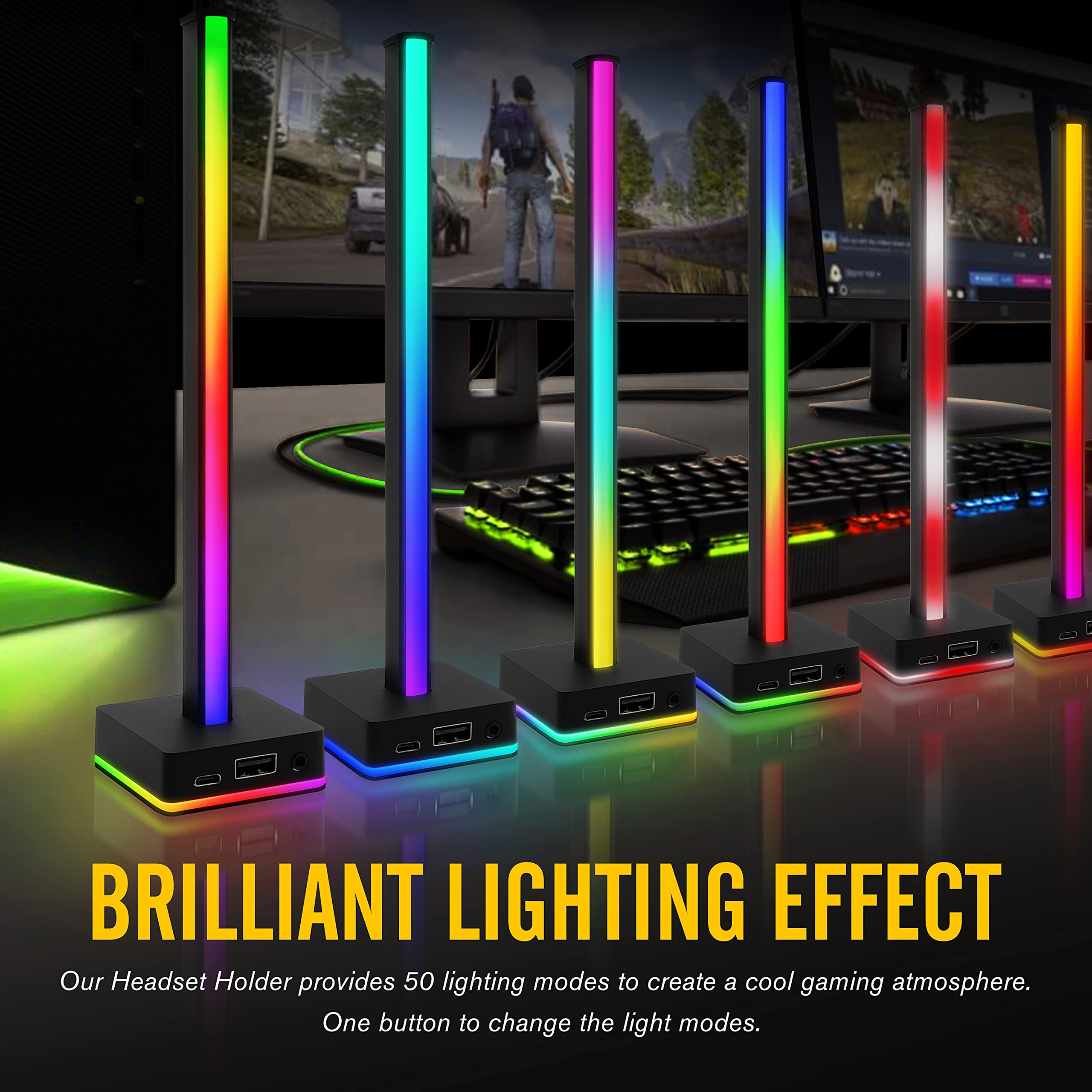 EZDIY-FAB USB LED Light Bar Headphones Stand, Desktop Atmosphere RGB Backlight,50 Built-in Color Modes, Headphone Holder for Gamers Gaming PC PS5 Accessories Desk- Black- 1 Pack