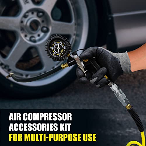 YNAir 18 Pieces Air Compressor Accessories kit, 1/4 in x 25 ft Recoil Poly Air Compressor Hose Kit, 1/4" NPT Quick Connect Air Fittings, 100 PSI Tire Inflator Gauge, Blow Gun, Couplers and Plugs