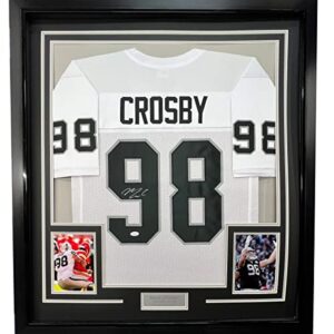 framed autographed/signed maxx crosby 33x42 las vegas oakland white football jersey beckett bas coa