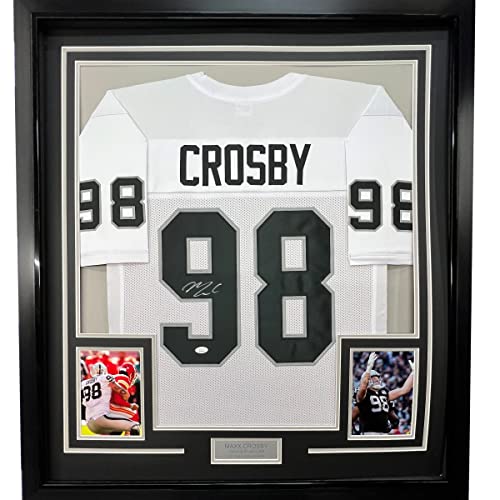 Framed Autographed/Signed Maxx Crosby 33x42 Las Vegas Oakland White Football Jersey Beckett BAS COA