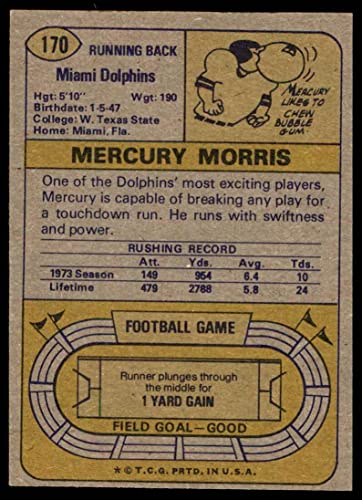 1974 Topps # 170 Mercury Morris Miami Dolphins (Football Card) VG/EX Dolphins West Texas St