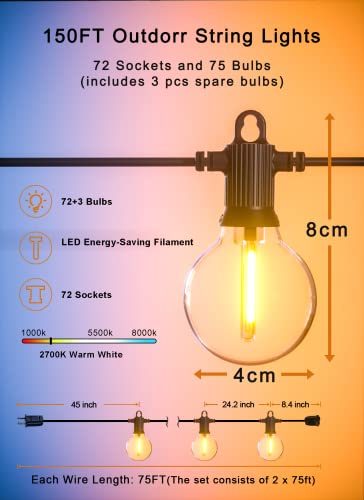 Zuske 150FT LED Outdoor String Lights, G40 Globe Patio Lights and Commercial Grade Weatherproof Strand String, Hanging String Lighting for Gazebo Bistro Backyard Garden(2x75FT)