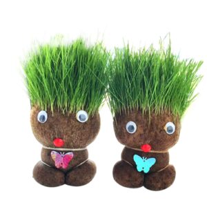 kekafu 2 pack growing grass head doll mini bonsai grass head plants potted craft diy educational gifts for children office garden decoration supplies, random styles