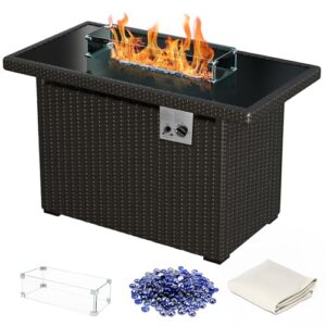 primetek 2-in-1 fire pit table for patio, brown wicker - 44", 50,000 btu, wind guard, and glass rocks (fph-brn) (44" x 32" x 24")