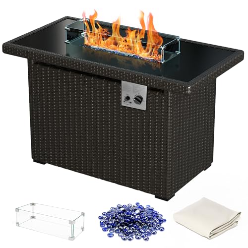 PRIMETEK 2-in-1 Fire Pit Table for Patio, Brown Wicker - 44", 50,000 BTU, Wind Guard, and Glass Rocks (FPH-BRN) (44" x 32" x 24")