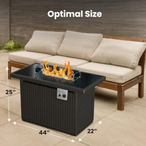 PRIMETEK 2-in-1 Fire Pit Table for Patio, Brown Wicker - 44", 50,000 BTU, Wind Guard, and Glass Rocks (FPH-BRN) (44" x 32" x 24")