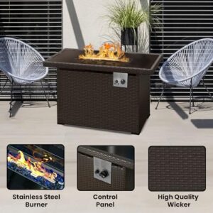 PRIMETEK 2-in-1 Fire Pit Table for Patio, Brown Wicker - 44", 50,000 BTU, Wind Guard, and Glass Rocks (FPH-BRN) (44" x 32" x 24")