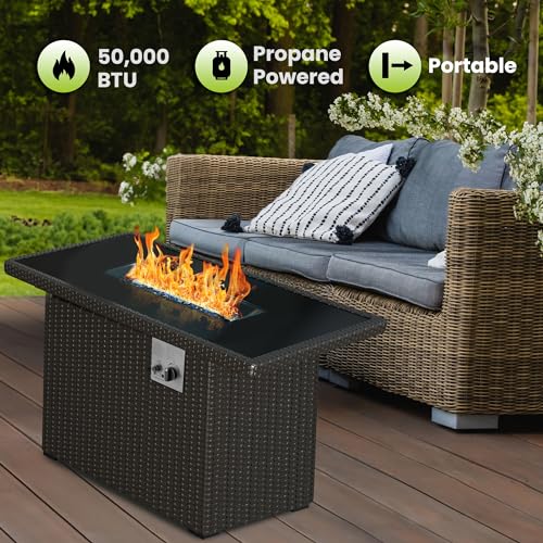 PRIMETEK 2-in-1 Fire Pit Table for Patio, Brown Wicker - 44", 50,000 BTU, Wind Guard, and Glass Rocks (FPH-BRN) (44" x 32" x 24")