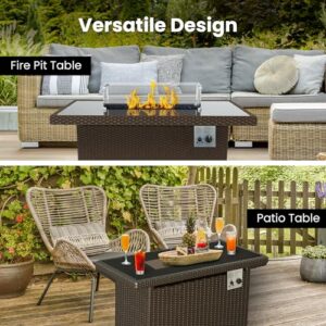 PRIMETEK 2-in-1 Fire Pit Table for Patio, Brown Wicker - 44", 50,000 BTU, Wind Guard, and Glass Rocks (FPH-BRN) (44" x 32" x 24")