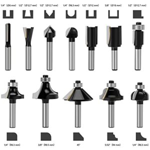 KSEIBI 1/4 Inch Router Bit Set, Tungsten Carbide Tip, Black Powder Coating Finish, for Both Beginners and Simi-Professional Woodworking Job 12 Piece Kit (103119)