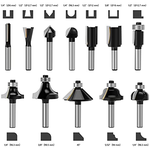 KSEIBI 1/4 Inch Router Bit Set, Tungsten Carbide Tip, Black Powder Coating Finish, for Both Beginners and Simi-Professional Woodworking Job 12 Piece Kit (103119)