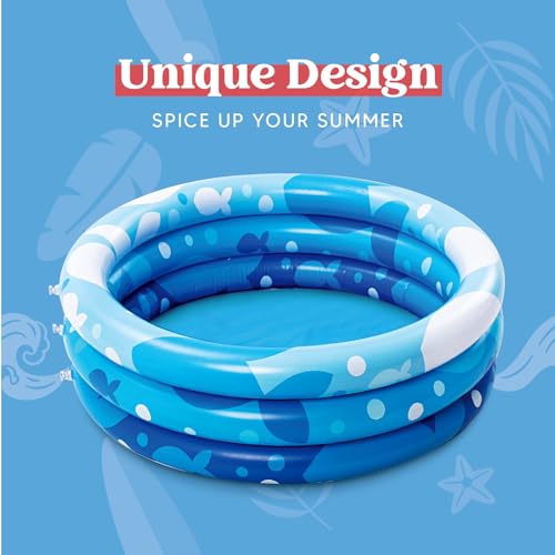 Sloosh Inflatable Kiddie Pool, 34"x10" Blow Up Kids Pool, 3 Rings Blue Baby Pool for Toddler, Kid Swimming Pool Play Pit for Dog with Geometric Pattern for Summer Water Party Backyard Garden(Fish)