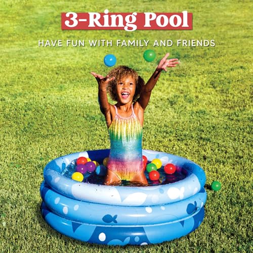 Sloosh Inflatable Kiddie Pool, 34"x10" Blow Up Kids Pool, 3 Rings Blue Baby Pool for Toddler, Kid Swimming Pool Play Pit for Dog with Geometric Pattern for Summer Water Party Backyard Garden(Fish)