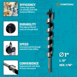 CORTOOL 1 x 12 Inch Auger Drill Bit for Wood, Soft and Hard Wood Plastic with 7/16 Inch Hex Shank