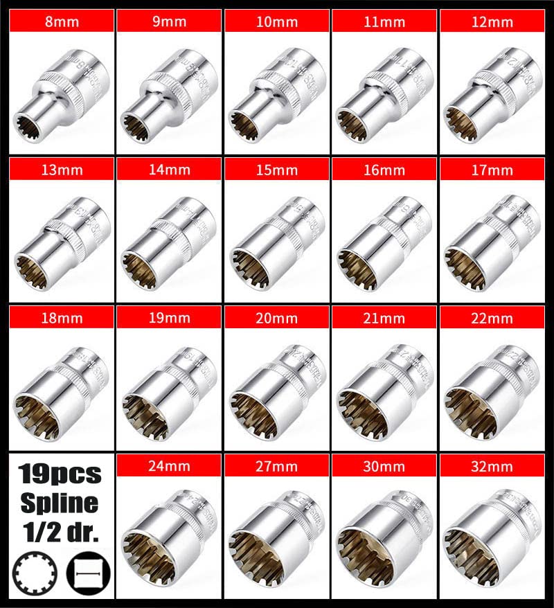 Spline Socket Set 1/2" Drive Universal Metric 8-32mm 12-point Cr-V Socket Set 19pcs